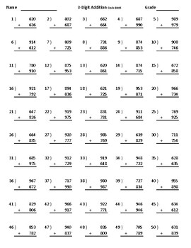 1000 Math 3-Digit Addition Questions (Diff) by PCHAN | TpT