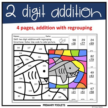 2 Digit Addition with Regrouping Color by Number Code SPRING RABBIT EASTER