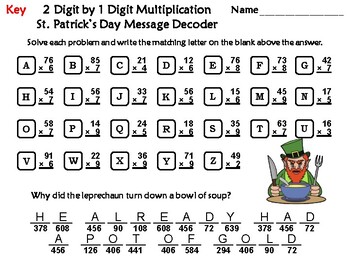 2 Digit by 1 Digit Multiplication Game: St. Patrick's Day Math Message ...