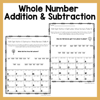 4th Grade Addition & Subtraction Fall/Thanksgiving Riddles Math Practice