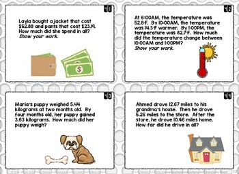 Adding Decimals INK SAVER Task Cards 60 Questions 5th Grade Test Prep