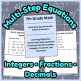 7th Grade Multi-Step Equations | Rational Numbers Worksheet + Answer Key