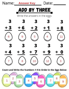Add By Three Math Worksheet (Easter, Spring, Addition, Number Three ...