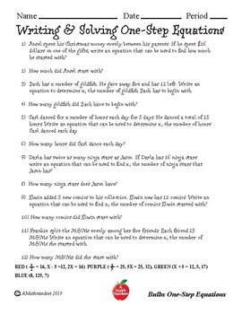 Christmas Math Coloring Worksheet Writing & Solving One-Step Equations