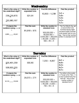 First Six Weeks Math Weekly Homework by Fourth Grade Lone Star Learners
