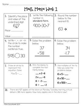 Math Mania- Weekly Math Practice by Gina S | TPT