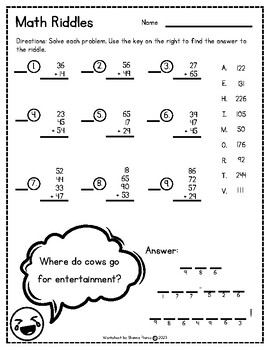 Math Riddle - 2.NBT.B.6 - Double Digit Addition Worksheet - Fun Math