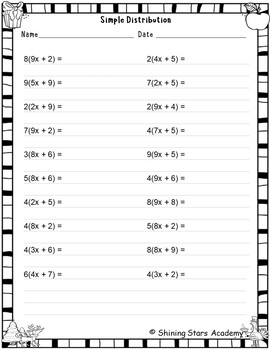 Simple Multiplication Distribution 2(3x+4) Beginner Level Worksheet ...