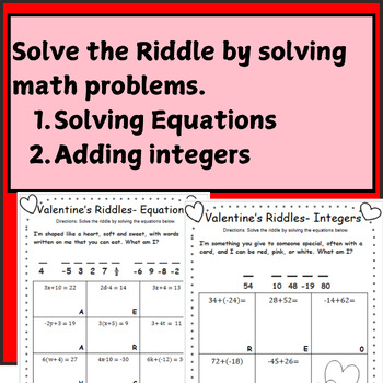 Valentines Math Riddles 7th Grade Math Equations and Adding Integers Math